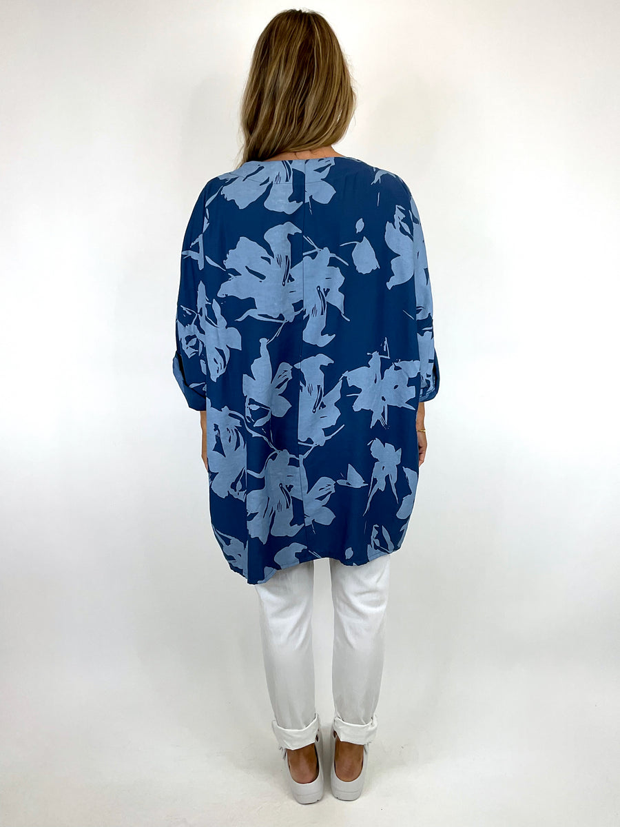 Made in Italy Lagenlook Elisa Shadow Flower Top in Denim. 91872